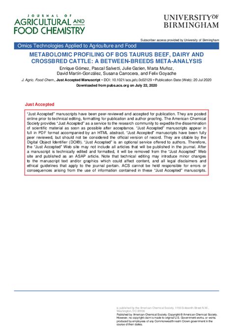 Pdf Metabolomic Profiling Of Bos Taurus Beef Dairy And Crossbred Cattle A Between Breeds