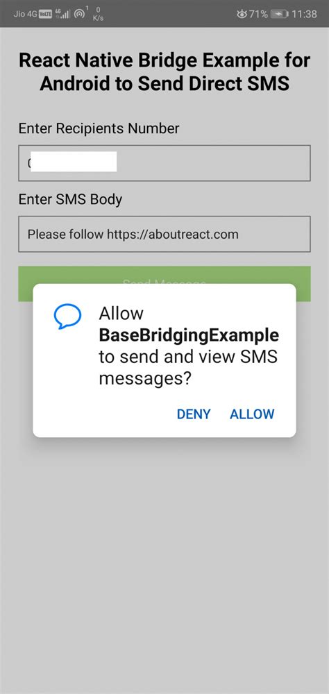 React Native Bridge Example To Send Direct Sms From React Native App