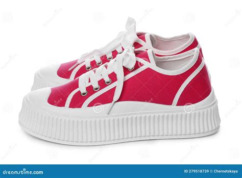 Pair Of Red Classic Old School Sneakers On White Background Stock Image