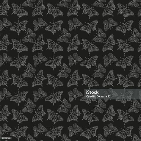 나비 흑인과 백인 잉크 라인 벡터 완벽 한 패턴 배경 섬유 직물 벽지 스크랩북 표면 디자인을 위해 그림을 그리는 날개가 있는 곤충 곤충에 대한 스톡 벡터 아트 및 기타
