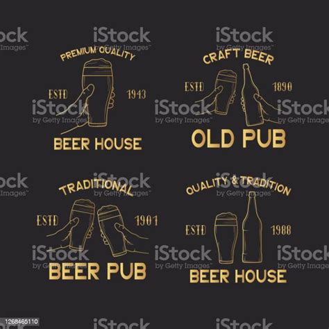 맥주 하우스와 펍을 위한 크래프트 맥주 골든 라벨 엠블럼 및 배지 세트 골드 빈티지 브랜드 디자인벡터 일러스트레이션 Ale에