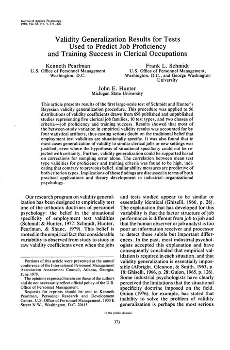 Pdf Validity Generalization Results For Tests Used To Predict Training Success And Job