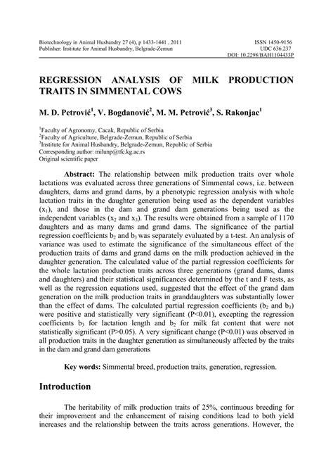 Pdf Regression Analysis Of Milk Production Traits In Simmental Cows