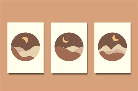 세 가지 Boho 미적 풍경 산 현대 미니멀리스트 세트 프리미엄 벡터