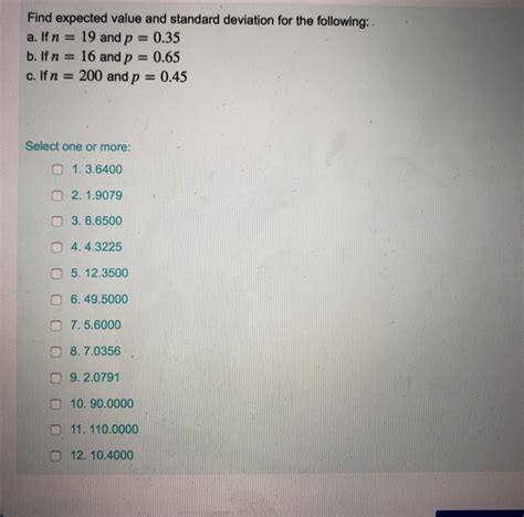 solved find expected value and standard deviation for the