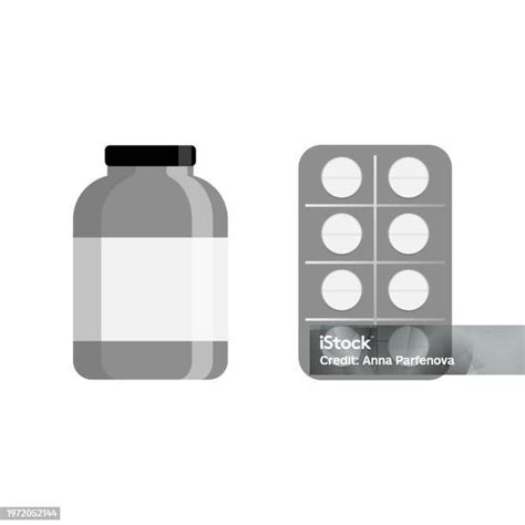 라벨이 있는 의료용 병과 알약 패키지 흑백 그레이 색상 평면 벡터 그림입니다 벡터에 대한 스톡 벡터 아트 및 기타 이미지 벡터 대체 요법 영양제 Istock