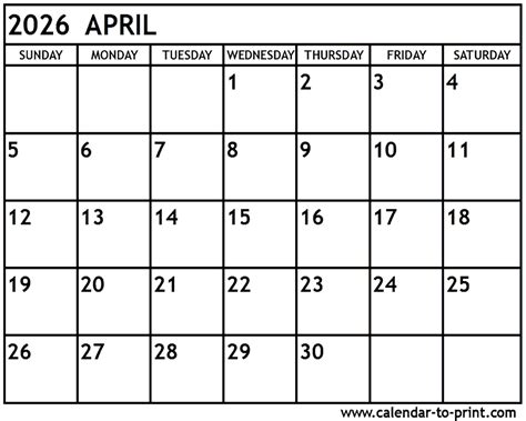 April 2026 Calendar Printable Jace Printable