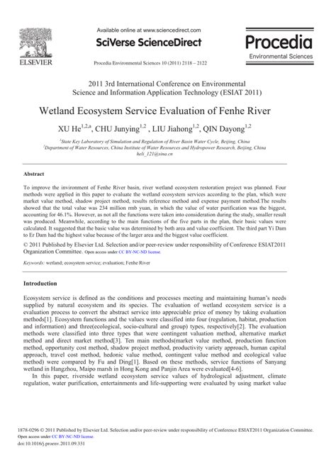 Pdf Wetland Ecosystem Service Evaluation Of Fenhe River