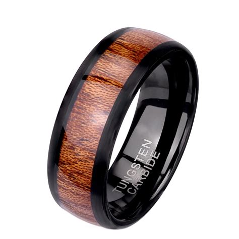 Brown Wood Inlay 8mm Black Tungsten Carbide Ring
