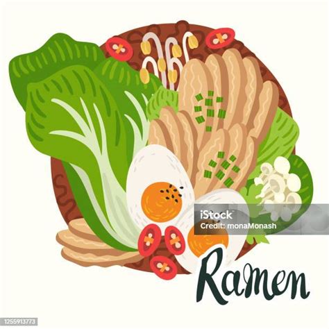 테이블에 그릇에 라면 맨 위 보기입니다 평평한 스타일로 일본 수프와 그림 아시아 음식 된장 계란 삶은 노리 부추 국수 닭고기