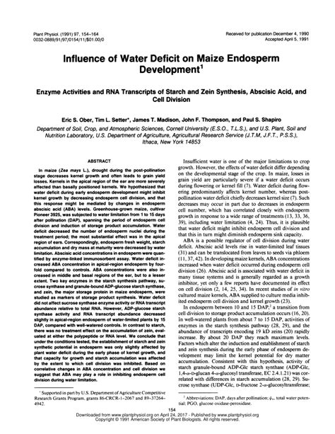 Pdf Influence Of Water Deficit On Maize Endosperm Development Enzyme Activities And Rna