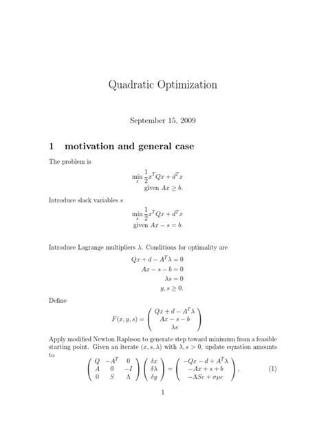 Quadratic Optimization 1 Motivation And General Case Pdf Teaching Methods And Materials