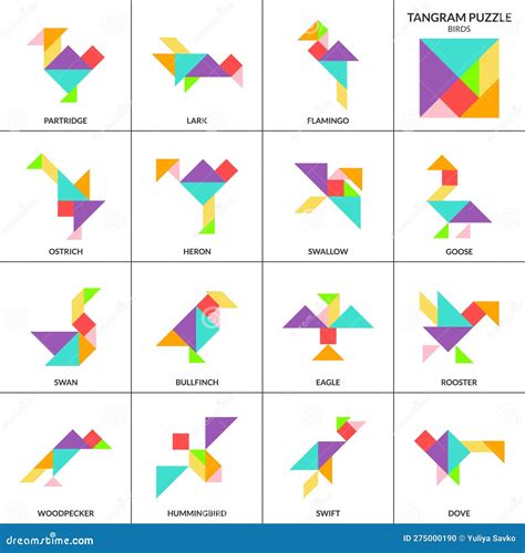 tangram puzzle game vector set with various birds