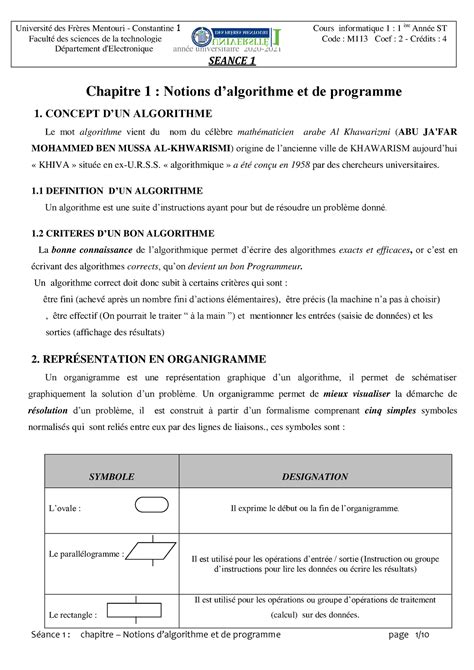 Informatique 1 Mezhoud Séance 1 Chapitre Notions Dalgorithme Et