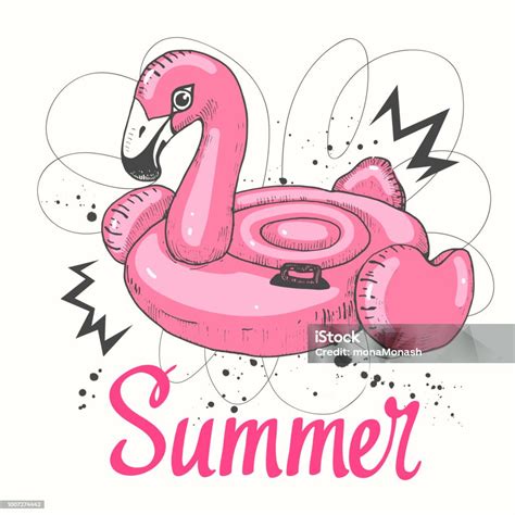 흰색 바탕에 스케치 스타일에서 플라밍고 수영장 부동 여행 벡터 일러스트 핑크 원 수영 디자인에 대 한 브러시 서 예 요소입니다 필기 잉크 레터링 수영장 스포츠 경기장에 대한