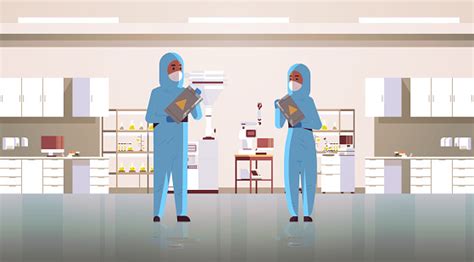 과학자 부부는 화학 연구 과학 개념 현대 실험실 내부 전체 길이 수평 작업 보호 정장에 경고 기호 아프리카 계 미국인 남자 여자와 배럴을 들고 보호복에 대한 스톡 벡터 아트