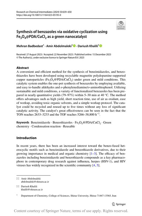 Synthesis Of Benzazoles Via Oxidative Cyclization Using Fe3o4pdacucl2 As A Green Nanocatalyst