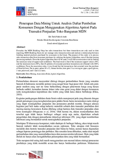 Pdf Penerapan Data Mining Untuk Analisis Daftar Pembelian Konsumen