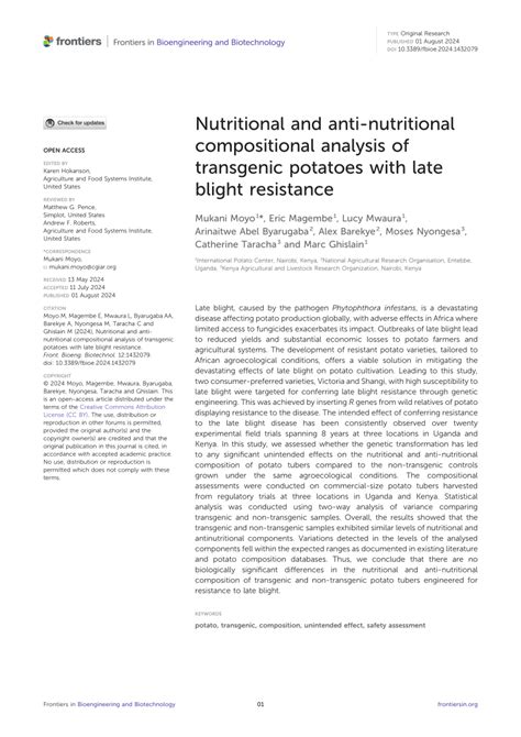 Pdf Nutritional And Anti Nutritional Compositional Analysis Of Transgenic Potatoes With Late