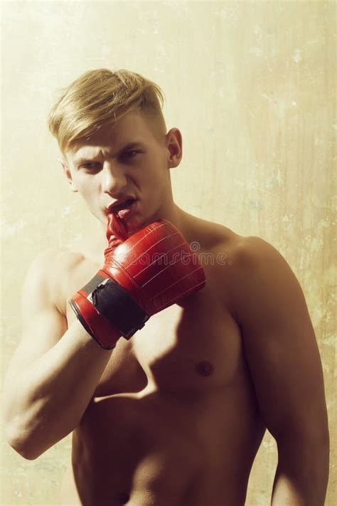 Boxer With Naked Torso Posing In Red Gloves Stock Image Image Of