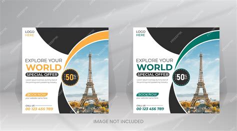 세계 여행 및 여행 프로모션 소셜 미디어 포스트 디자인 또는 스퀘어 플라이어 템플릿 탐색 프리미엄 벡터