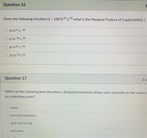 solved question 16 given the following function q 100 k 67
