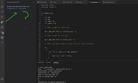 debugging in the cs50 vscode space confused as to how to activate