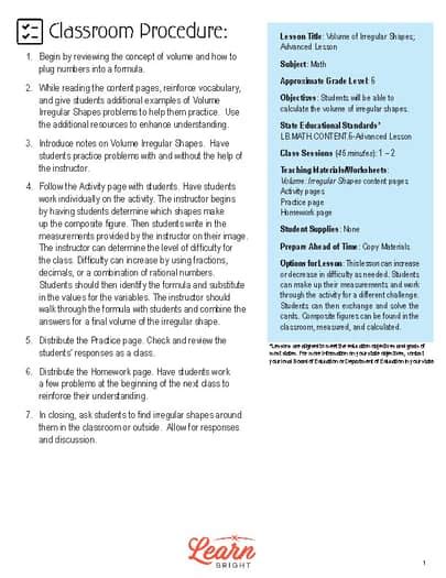 Volume Of Irregular Shapes Advanced Lesson Plan By Learn Bright Education