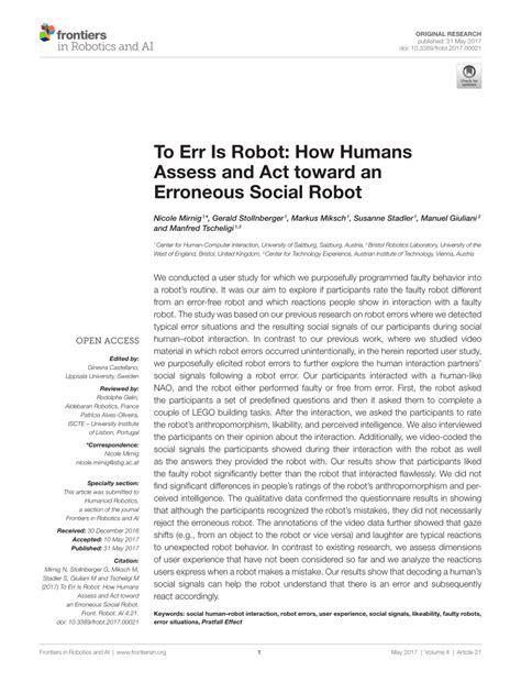 Pdf To Err Is Robot How Humans Assess And Act Toward An Erroneous