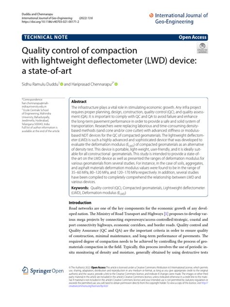 Quality Control Of Compaction With Lightweight Deflectometer Lwd Device A State Of Art Pdf
