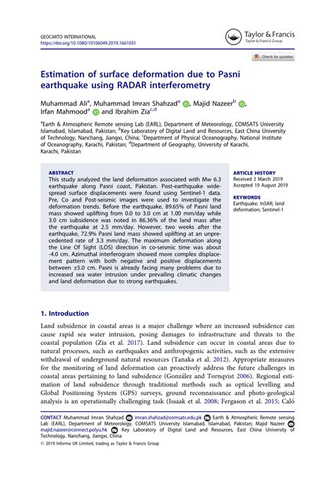Pdf Estimation Of Surface Deformation Due To Pasni Earthquake Using Radar Interferometry