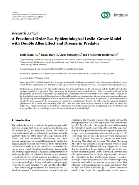 Pdf A Fractional Order Eco Epidemiological Leslie Gower Model With Double Allee Effect And