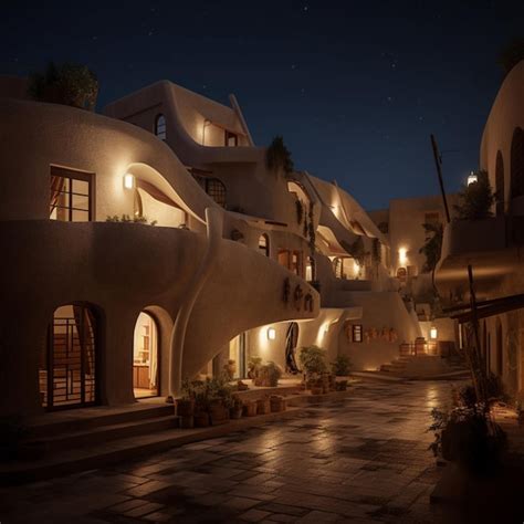 Premium Photo Nighttime View Of A Building With A Courtyard And A Walkway Generative Ai