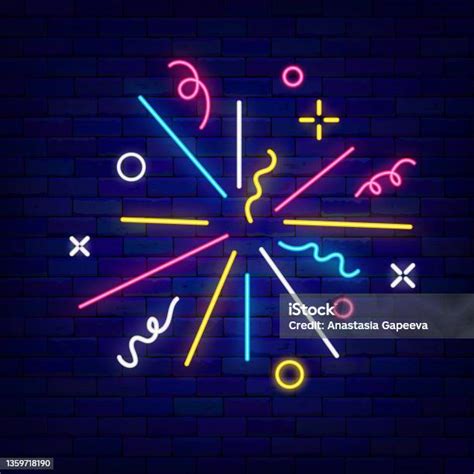 반짝이는 불꽃놀이 네온 사인 스파클이 있는 생일 축하 색종이 메리 크리스마스 파티 벡터 스톡 일러스트레이션 네온에 대한 스톡