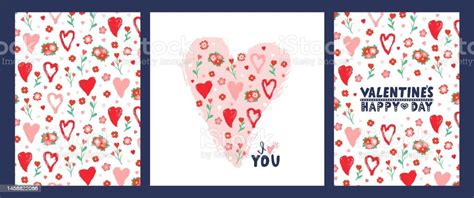 하트 꽃 텍스트가 있는 발렌타인 데이 초대장 세트 사랑의 상징입니다 마커와 브러시 하트 화려한 낭만적 인 컬렉션입니다 발렌타인 손으로 쓴 낙서 벡터 일러스트 레이 션