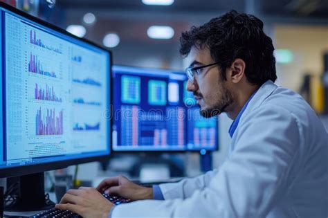 A Focused Scientist Analyzing Data On Computer Screens In A Laboratory