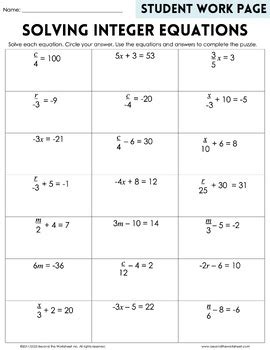 Solving Equations With Integers Math Puzzle Worksheets Library