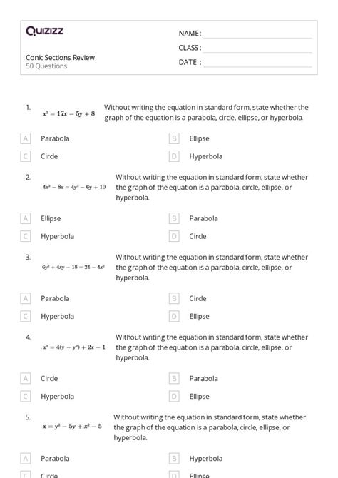 50 Conic Sections Worksheets For 9th Year On Quizizz Free And Printable