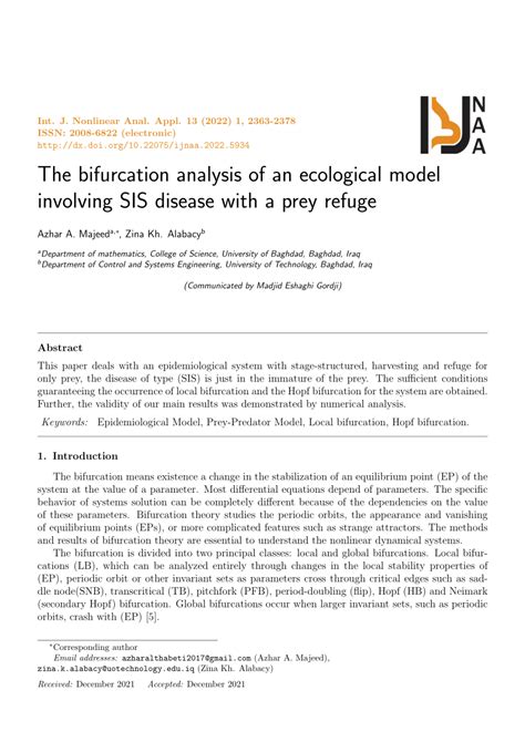Pdf The Bifurcation Analysis Of An Ecological Model Involving Sis