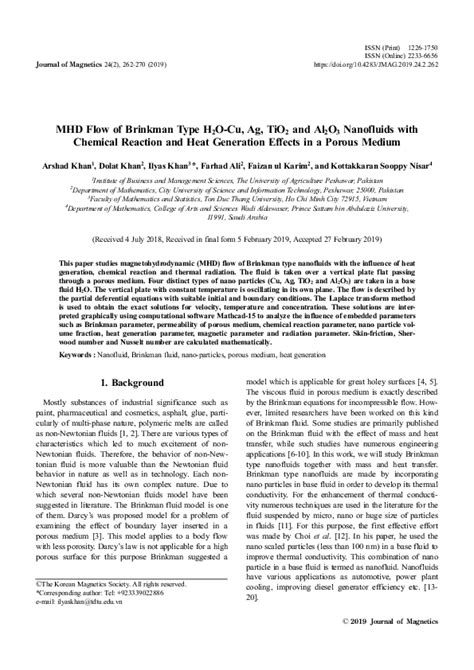 Pdf Mhd Flow Of Brinkman Type H₂o Cu Ag Tio₂ And Al₂o₃ Nanofluids With Chemical Reaction And