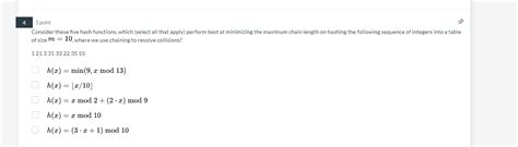 Solved Point Consider These Five Hash Functions Which Chegg