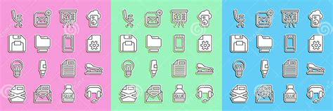 Set Line Headphones Stapler Document Settings Board With Graph
