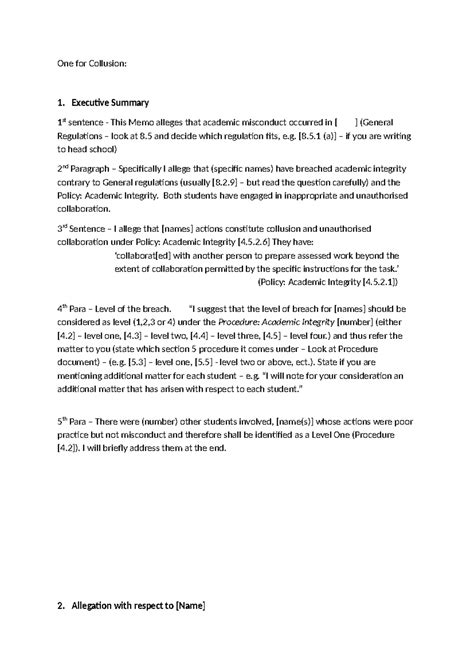 Additinal Memo Layout One For Collusion Executive Summary St Sentence This Memo