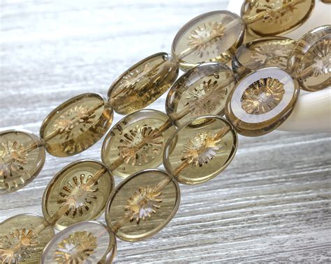 Czech Glass Smoke W Gold Oval Star Window 14x10mm
