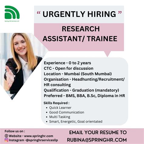 Spring Hr Services Llp On Linkedin Hiringalert Researchassistant Trainee Recruiter Fresher