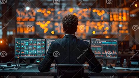 Back View Of A Financial Analyst Day Trader Working On Computer With