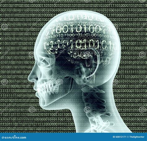 Xray Image Of Human Head With Binairy Code For A Brain Stock