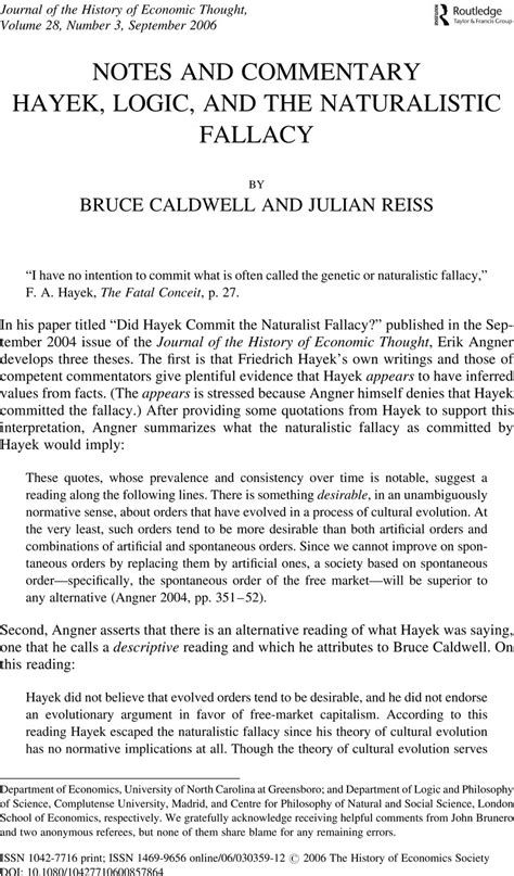 Hayek Logic And The Naturalistic Fallacy Journal Of The History Of