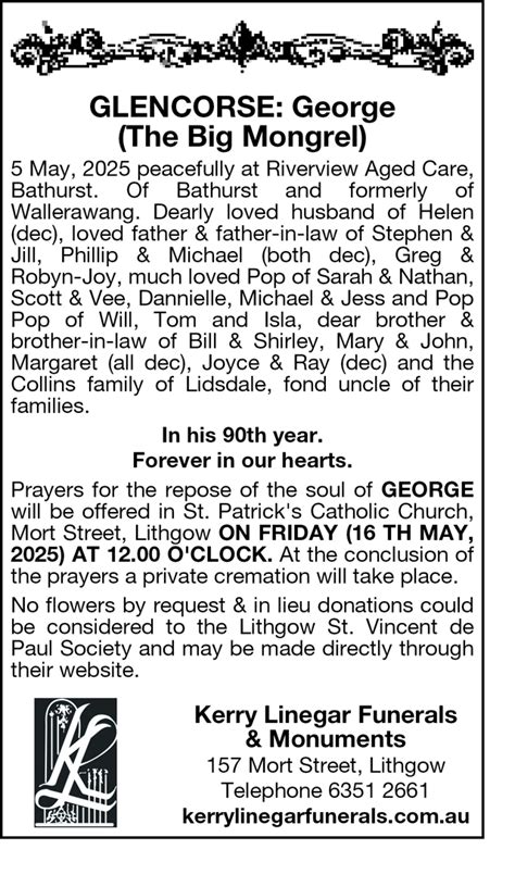 Glencorse George Tributes Lithgow Mercury Lithgow Mercury Lithgow Nsw