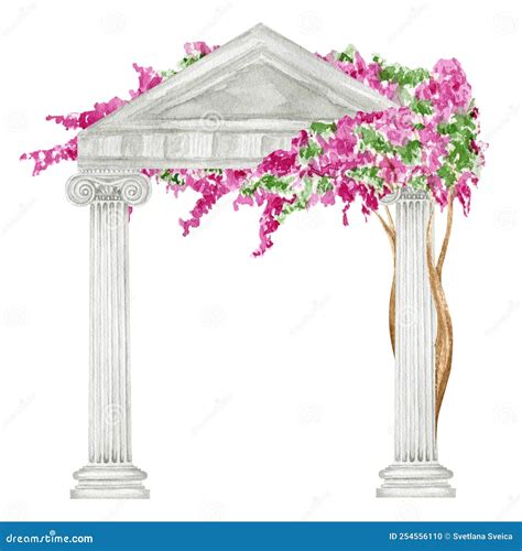 Watercolor Antique Arch Column Ionic Order With Bright Pink Flowers Ancient Classic Greek